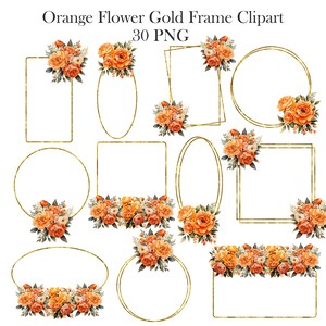 Orange Flower Frame PNG, Watercolor Orange Floral Gold Frame Clipart ...