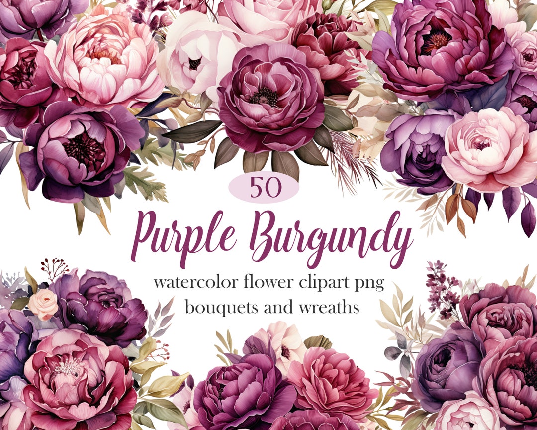 Purple Burgundy Flower Clipart, Watercolor Floral PNG, Wedding Flower ...