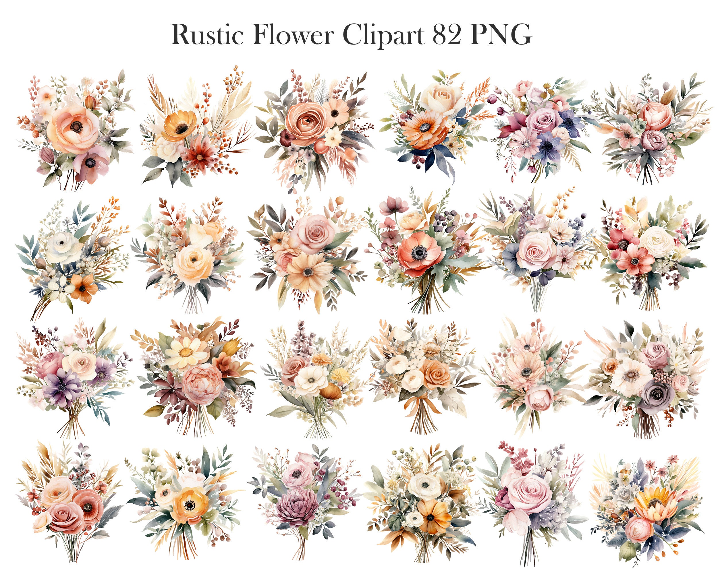 Rustic Flower Clipart, Spring Flower PNG, Watercolor Floral Clipart ...