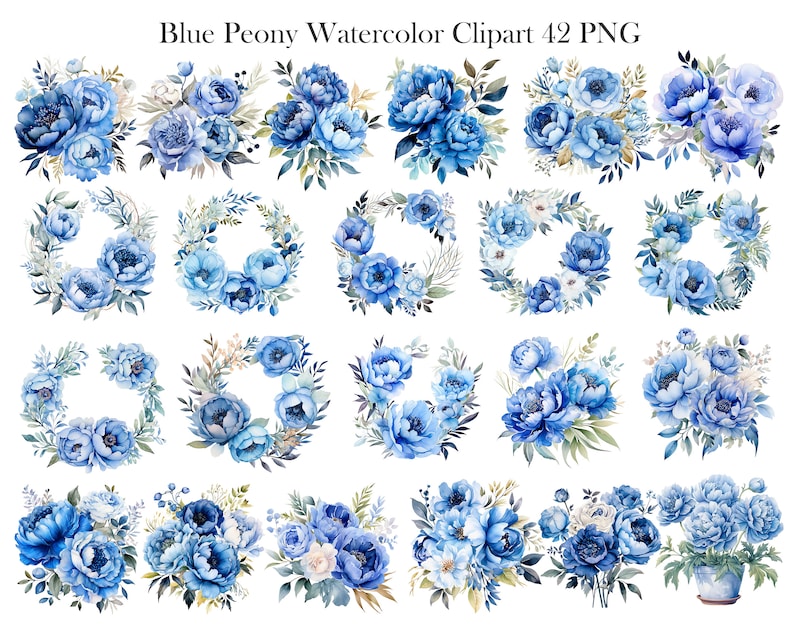 Blue Peony Flower Clipart, Peony PNG, Wedding Bouquet, Blue Flower ...
