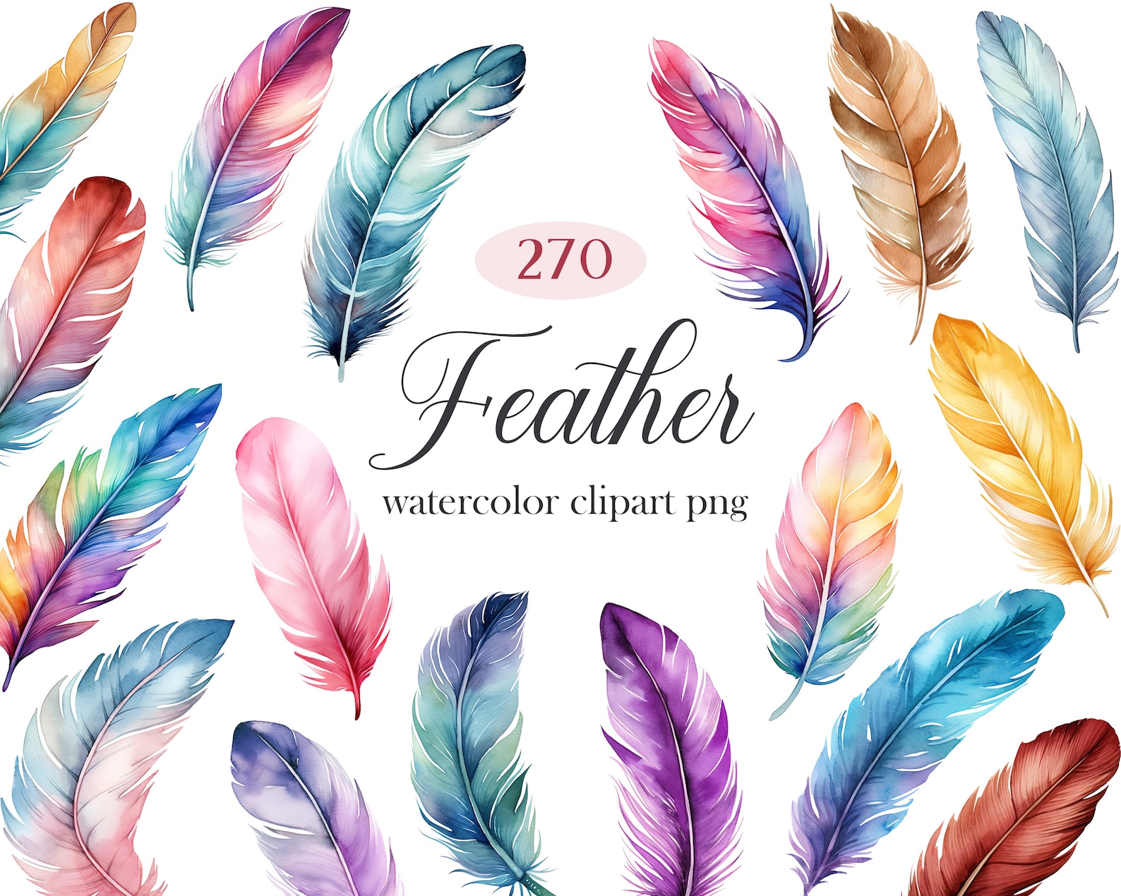Feather PNG, Watercolor Feather Clipart Bundle, Boho Feather, Colorful Feather, Spring Clipart ...