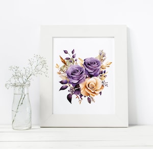 Purple Flower PNG, Watercolor Purple Gold Rose Clipart Bundle, Floral ...