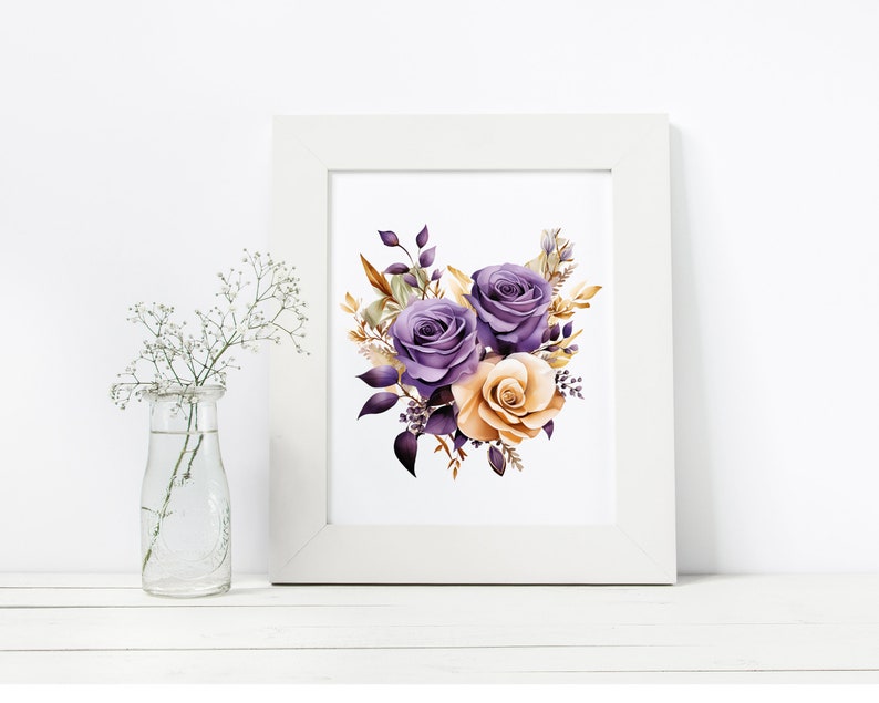 Purple Flower PNG, Watercolor Purple Gold Rose Clipart Bundle, Floral ...
