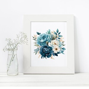 Teal Blue Flower PNG, Watercolor Blue Floral Clipart Bundle, Winter ...