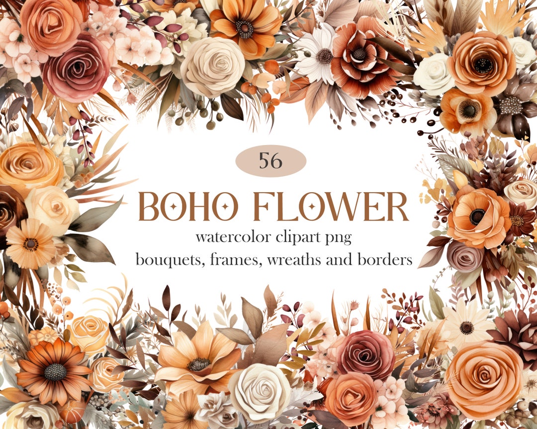 Boho Flower Watercolor Clipart, Wedding Flowers Bouquet PNG, Watercolor ...