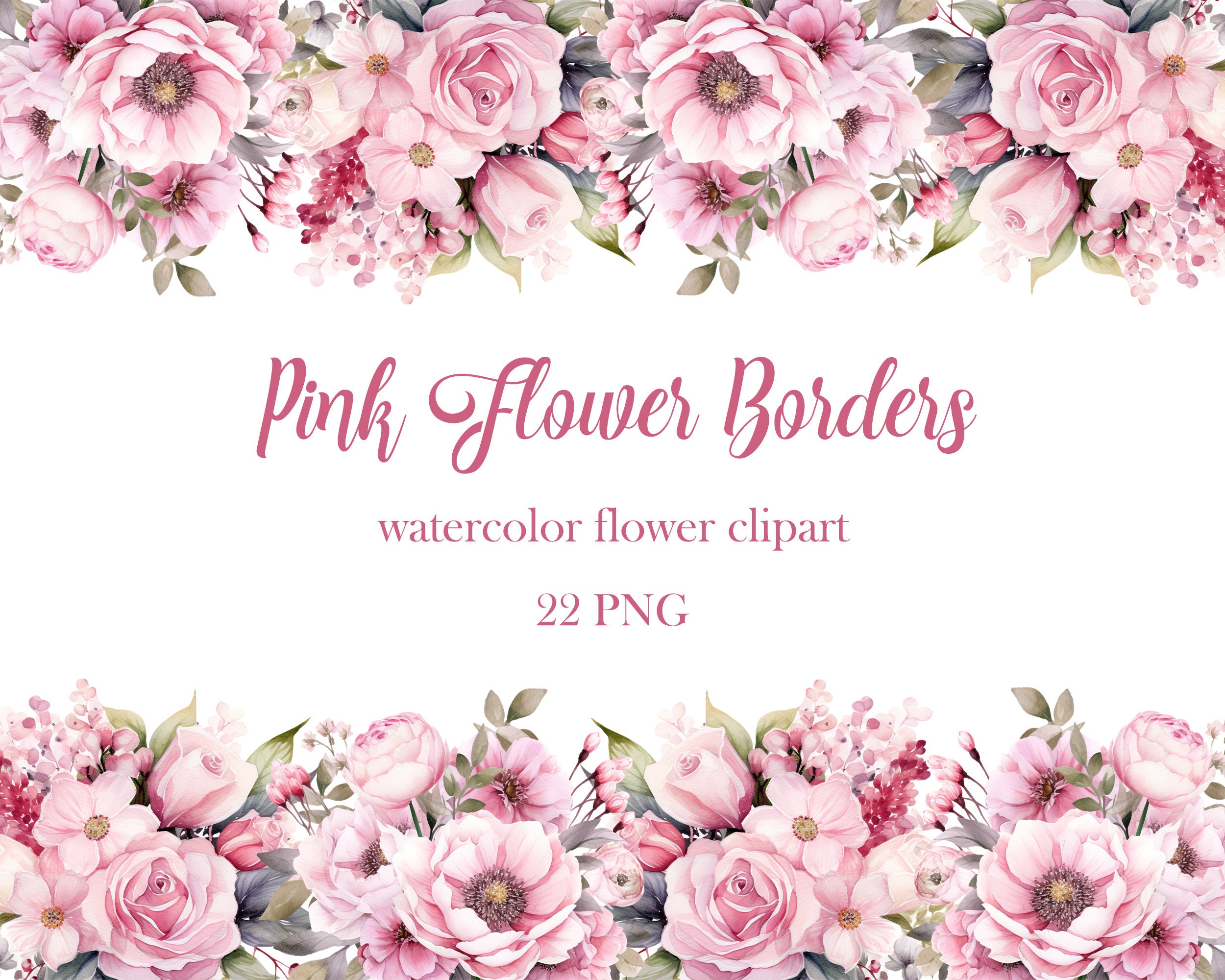 Pink Flower Border Clipart, Watercolor Floral Clipart Bundle, Pink ...