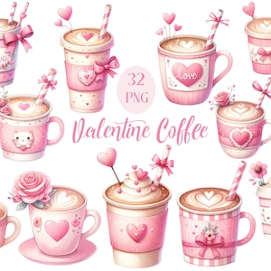 Valentine Coffee Clipart, Watercolor Valentine Coffee PNG Bundle ...