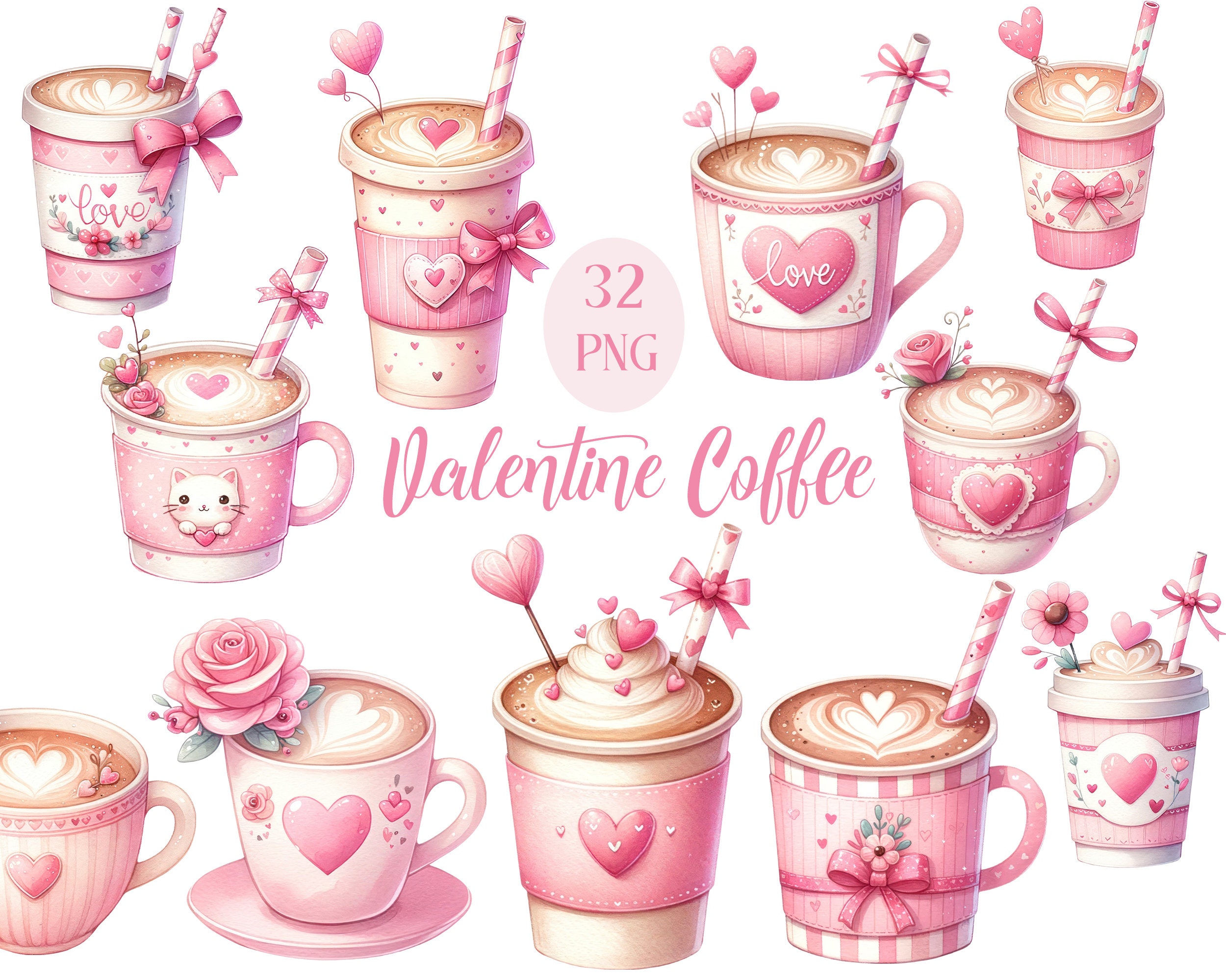 Valentine Coffee Clipart, Watercolor Valentine Coffee PNG Bundle ...
