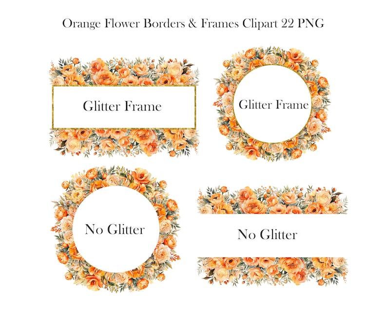 Orange Flower Border Clipart, Watercolor Orange Floral PNG Bundle ...