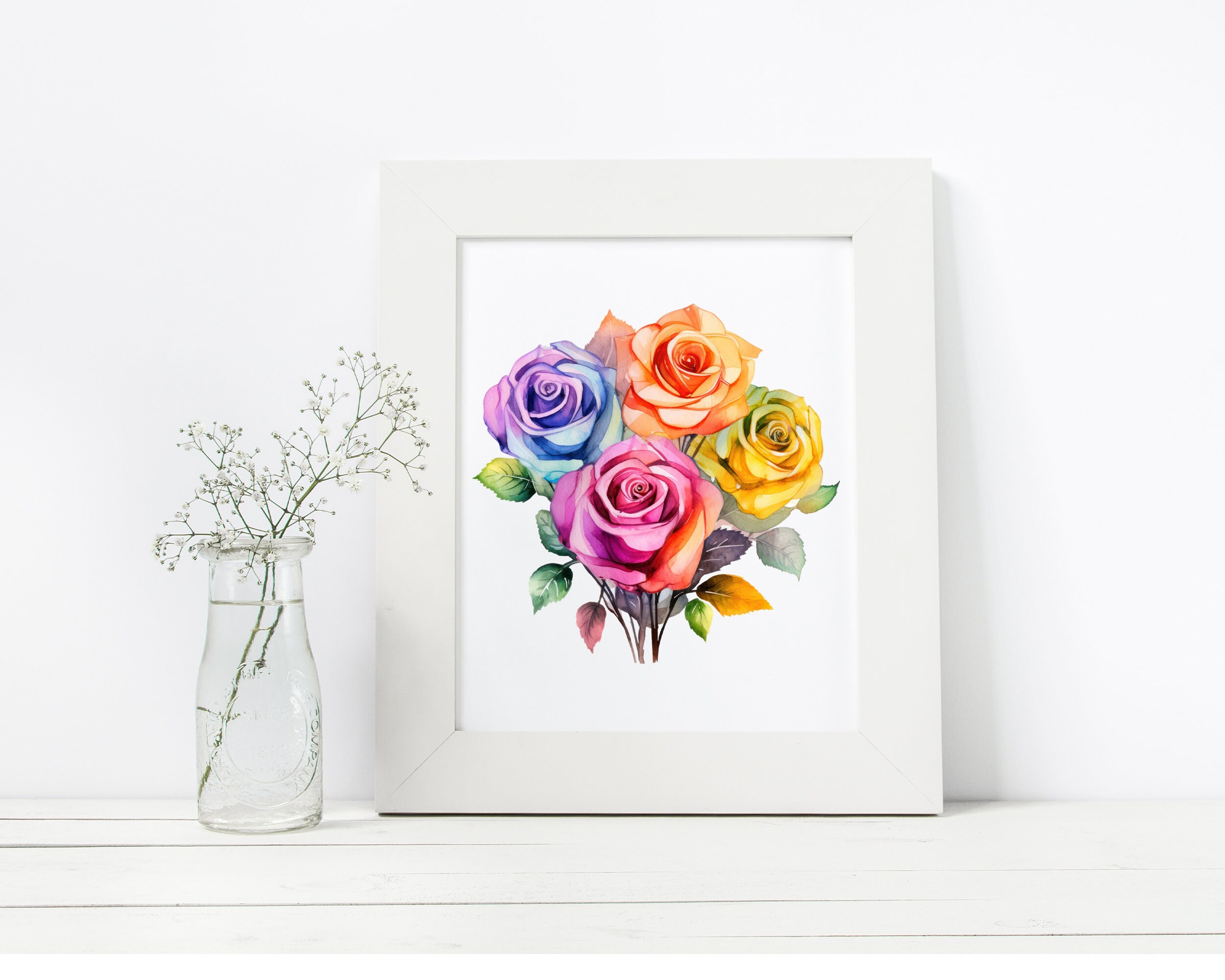 Rainbow Rose PNG, Watercolor Rose Clipart Bundle, Flower Bouquet PNG ...