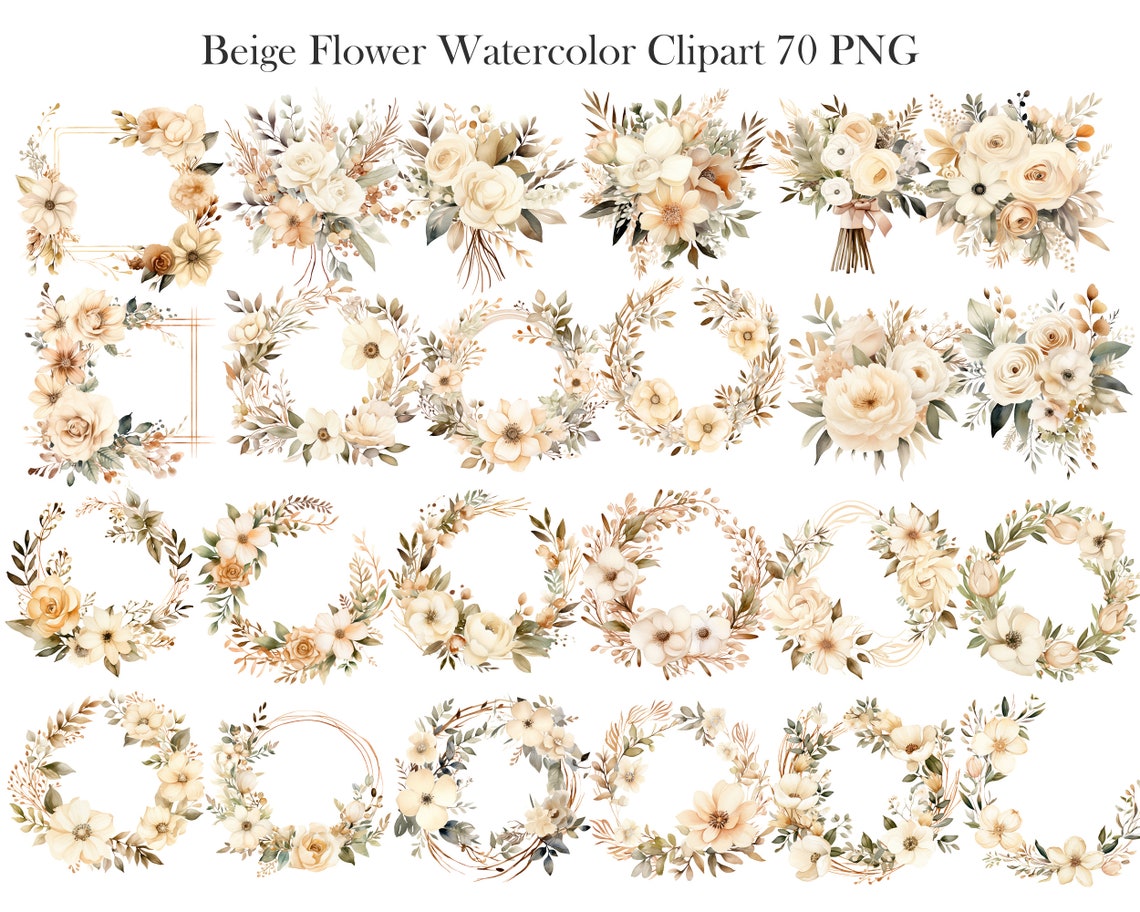 Beige Flower PNG Clipart, Watercolor Floral PNG, Flower Bouquet Wreath ...