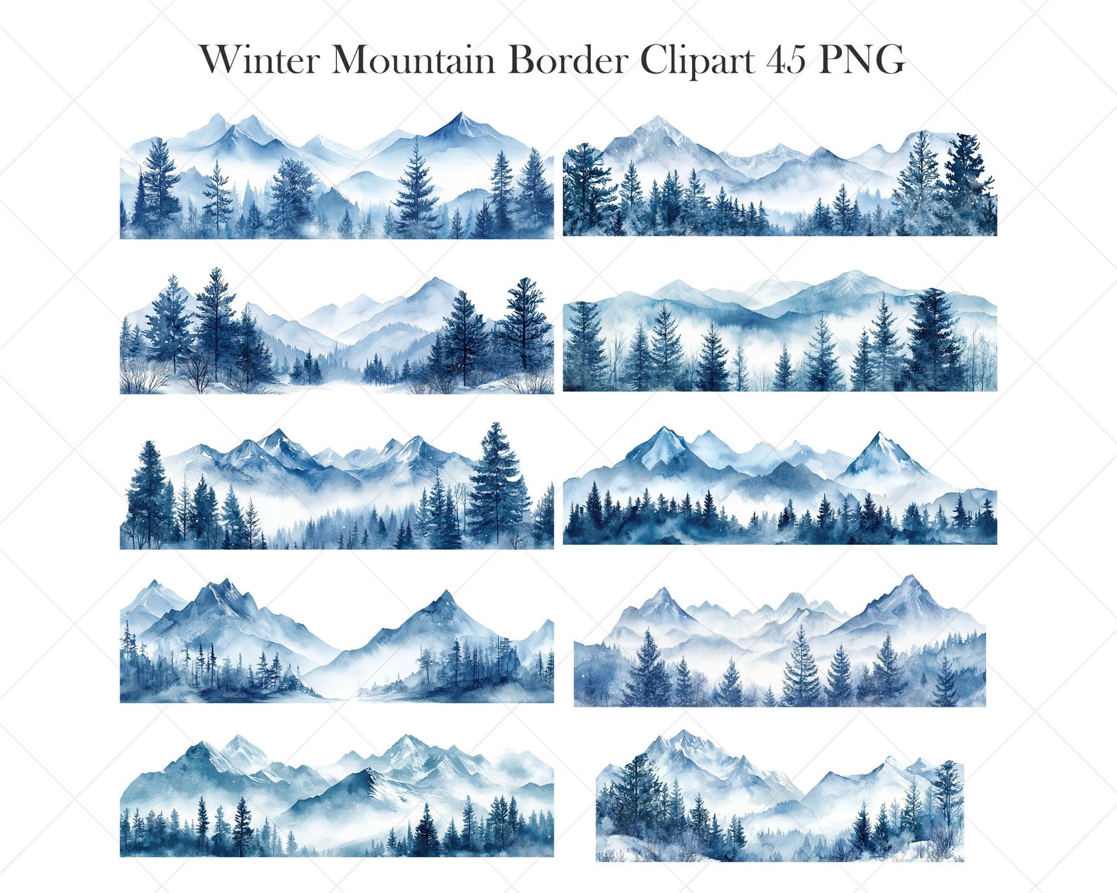 Winter Mountain Clipart, Watercolor Mountain Border PNG, Digital ...