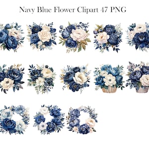 Navy Blue Flower Clipart, Watercolor Blue Floral PNG, Wedding Flower ...