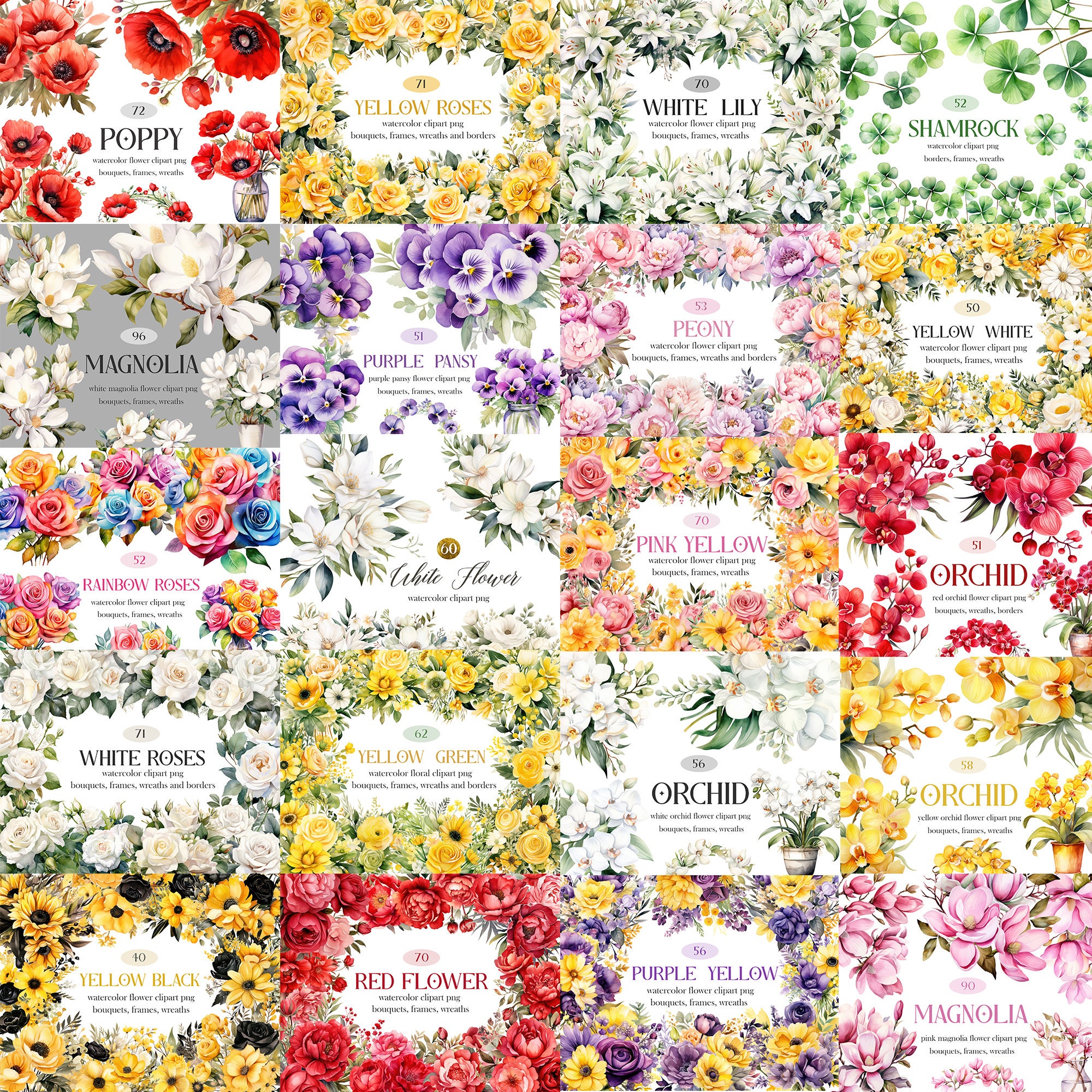 Flower Clipart Bundle, Watercolor Floral Clipart, Flower PNG Bundle ...