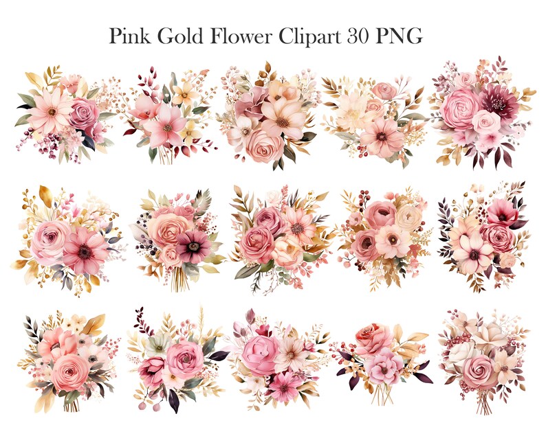 Pink and Gold Flower PNG, Watercolor Pink Floral Clipart, Flower ...