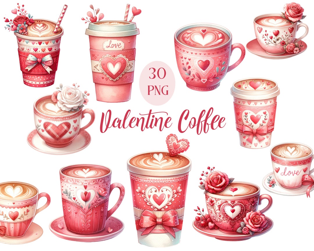 Valentine Coffee Clipart, Watercolor Red Valentine Coffee PNG Bundle ...