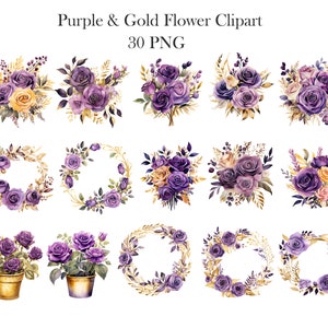 Purple Flower PNG, Watercolor Purple Gold Rose Clipart Bundle, Floral ...