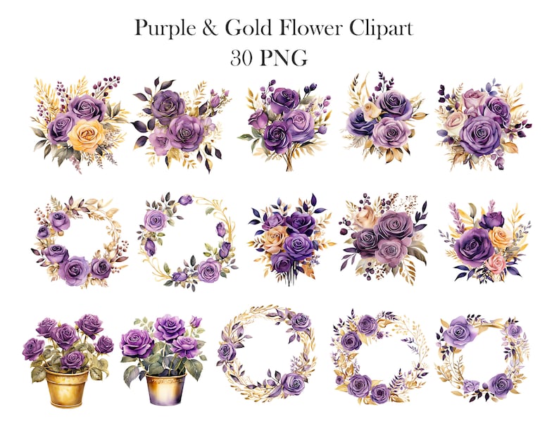 Purple Flower PNG, Watercolor Purple Gold Rose Clipart Bundle, Floral ...