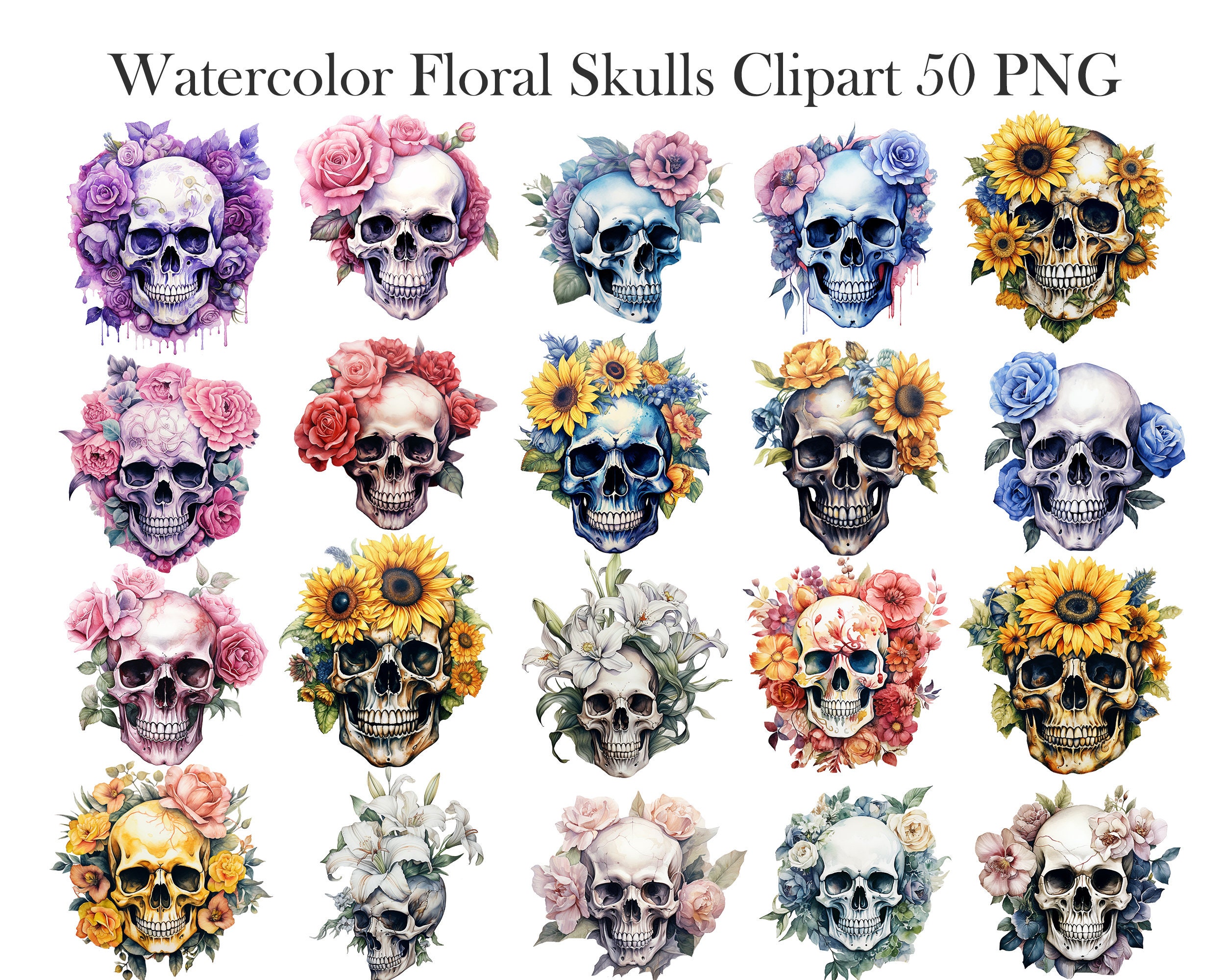 Watercolor Floral Skulls Clipart Flower Skulls PNG Halloween - Etsy