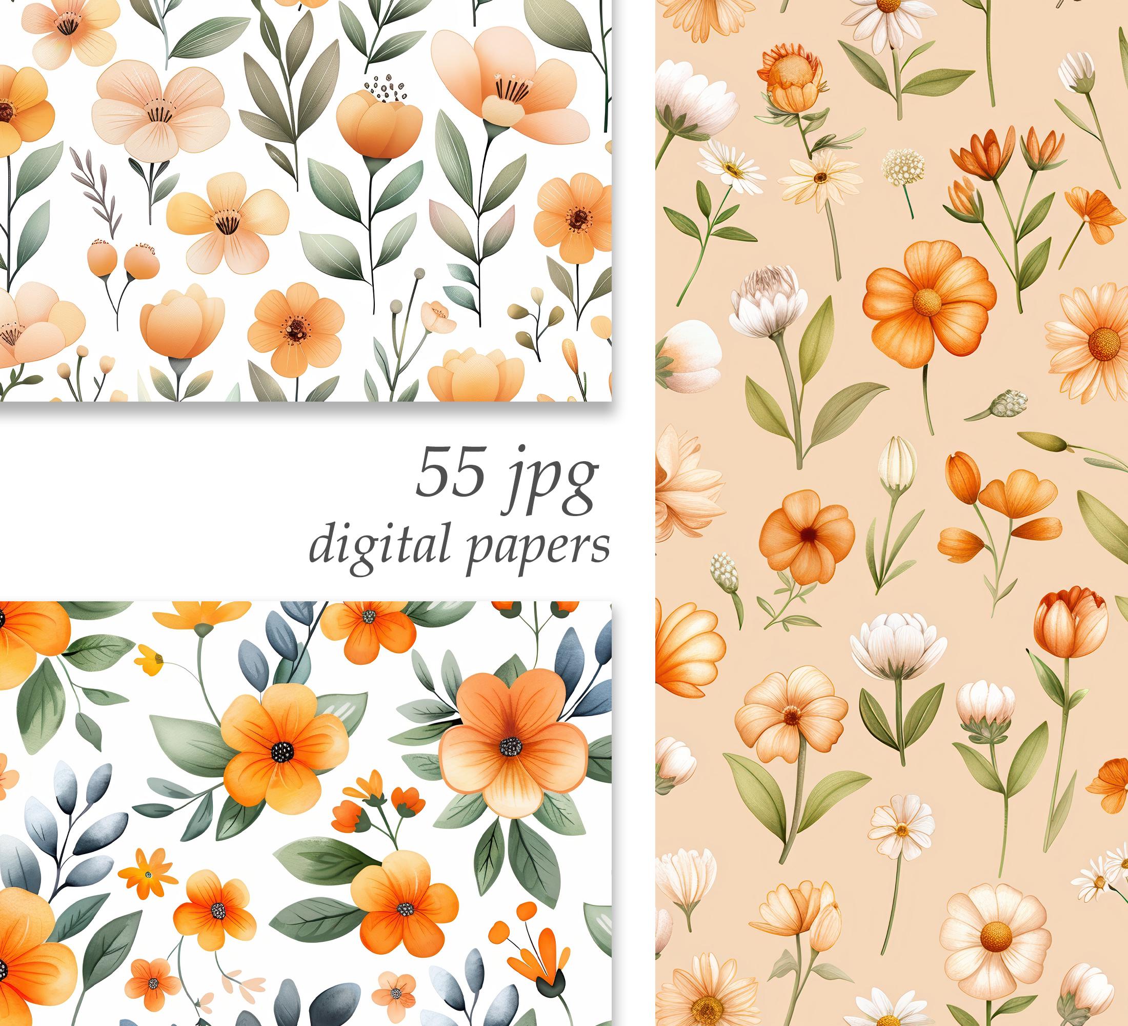 Orange Flower Digital Paper, Watercolor Orange Floral Background ...