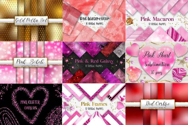 Valentine Clipart Bundle, Digital Paper, Pink Background, Valentine PNG ...