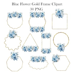 Blue Flower Frame PNG, Watercolor Blue Floral Gold Frame Clipart ...