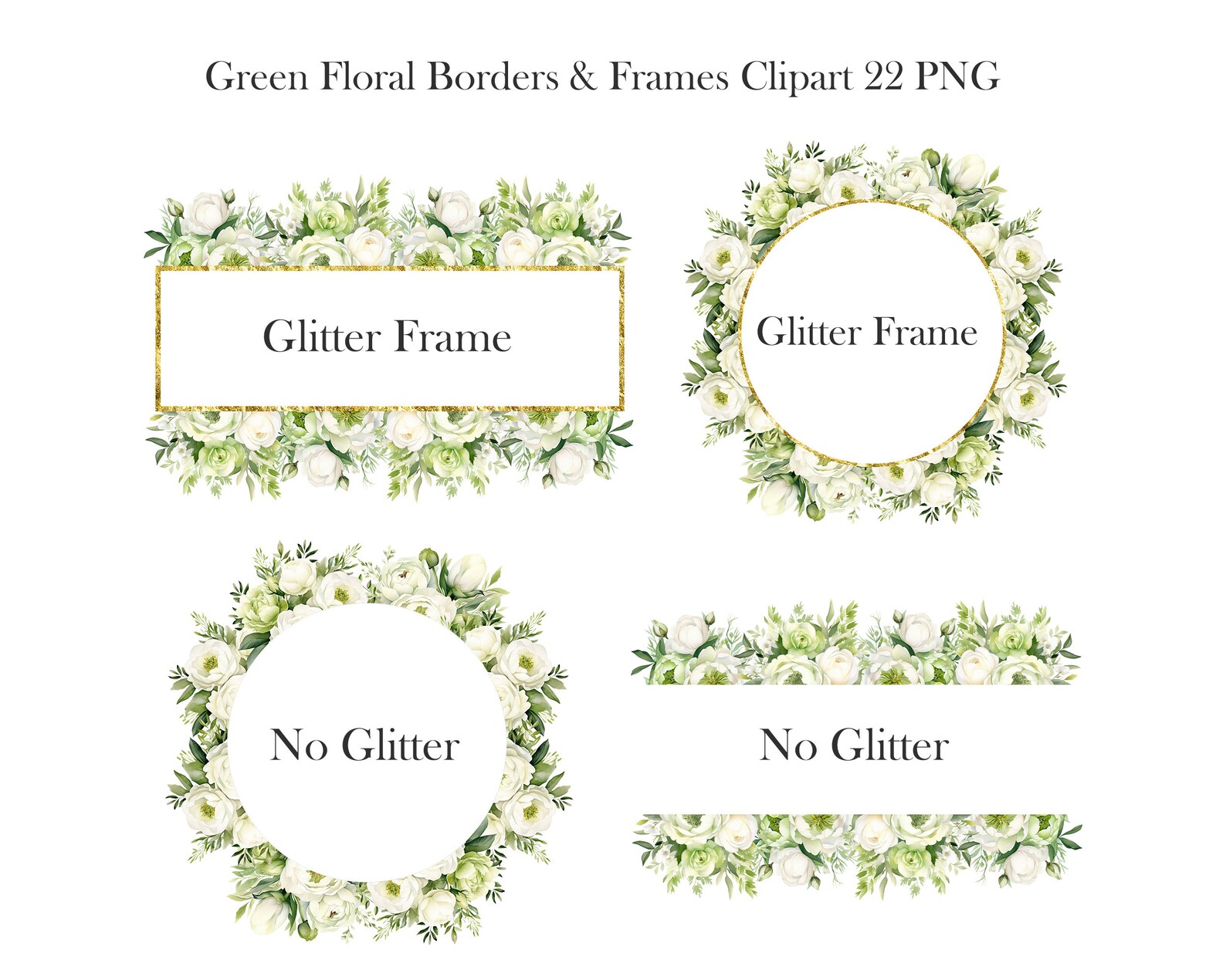 Green Flower Border Clipart, Watercolor Floral Border PNG Bundle ...