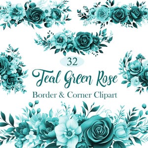 Teal Green Rose PNG, Watercolor Green Flower Clipart, Rose Corner ...