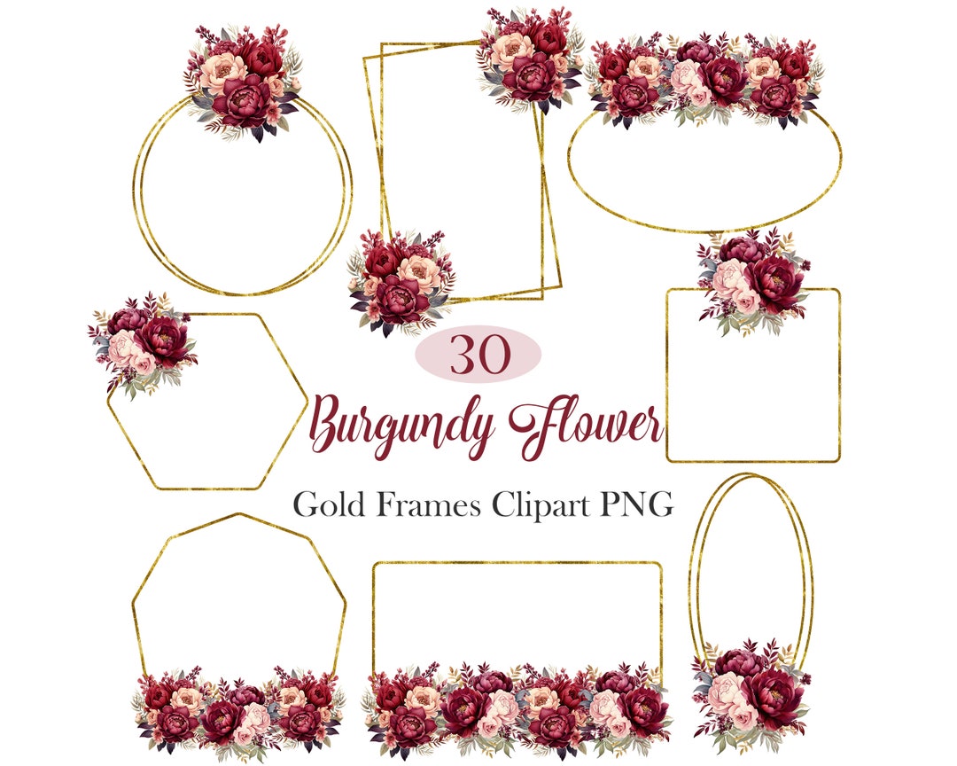 Burgundy Flower Frame PNG, Watercolor Burgundy Floral Gold Frame ...