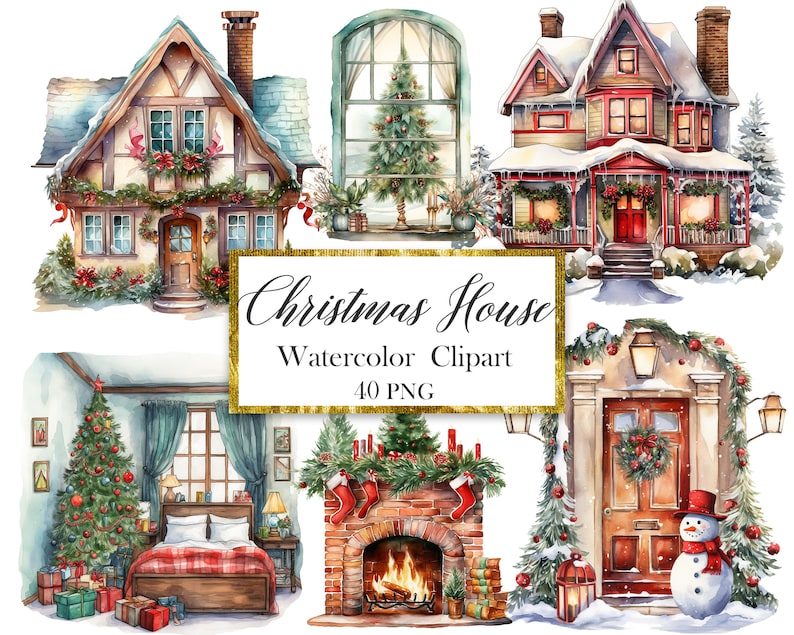 Christmas House Watercolor Clipart, Christmas Scenery Window Fireplace ...