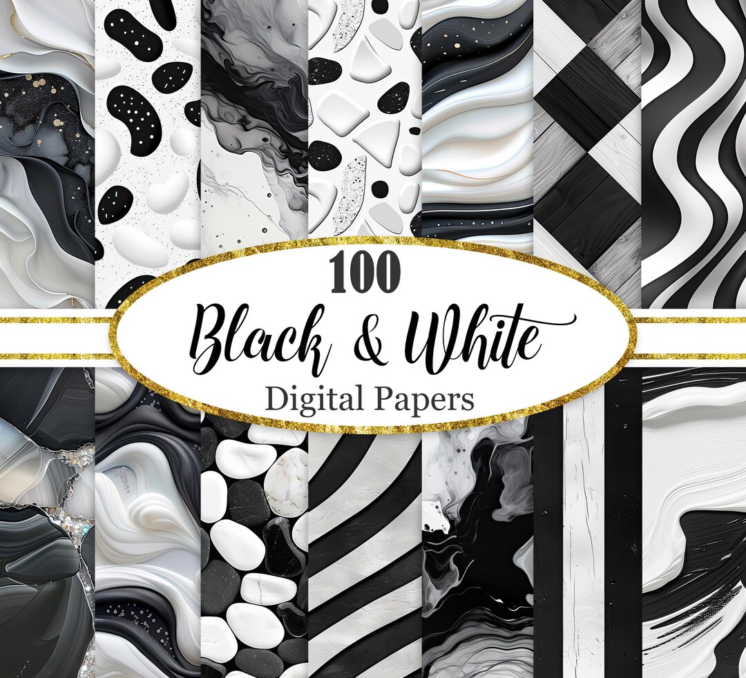 Black and White Digital Paper, Black White Background Bundle, Texture ...