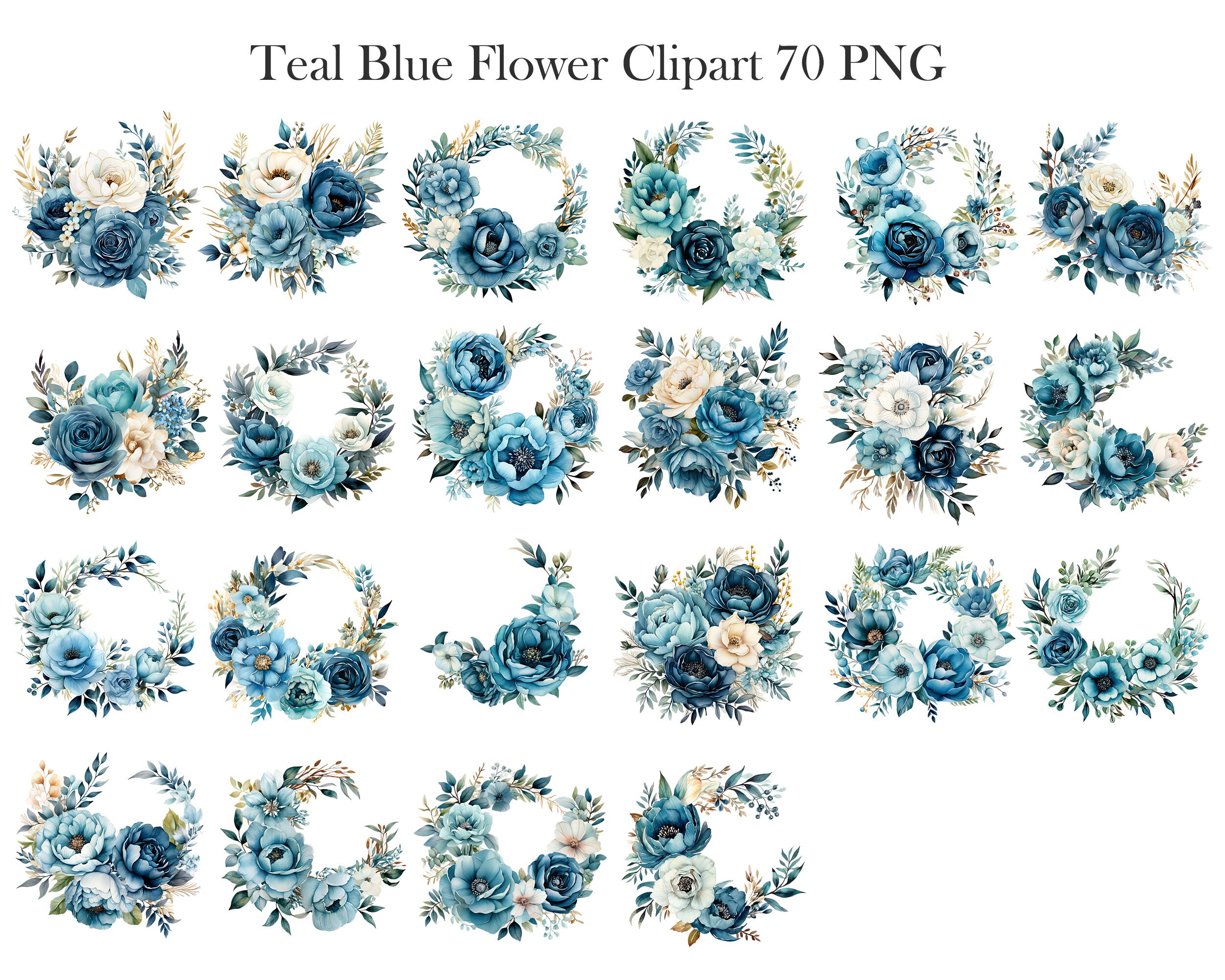 Teal Blue Flower PNG, Watercolor Blue Floral Clipart Bundle, Winter ...