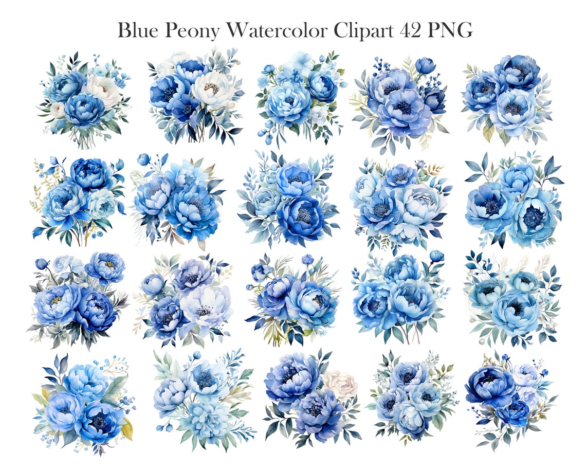 Blue Peony Flower Clipart, Peony PNG, Wedding Bouquet, Blue Flower ...