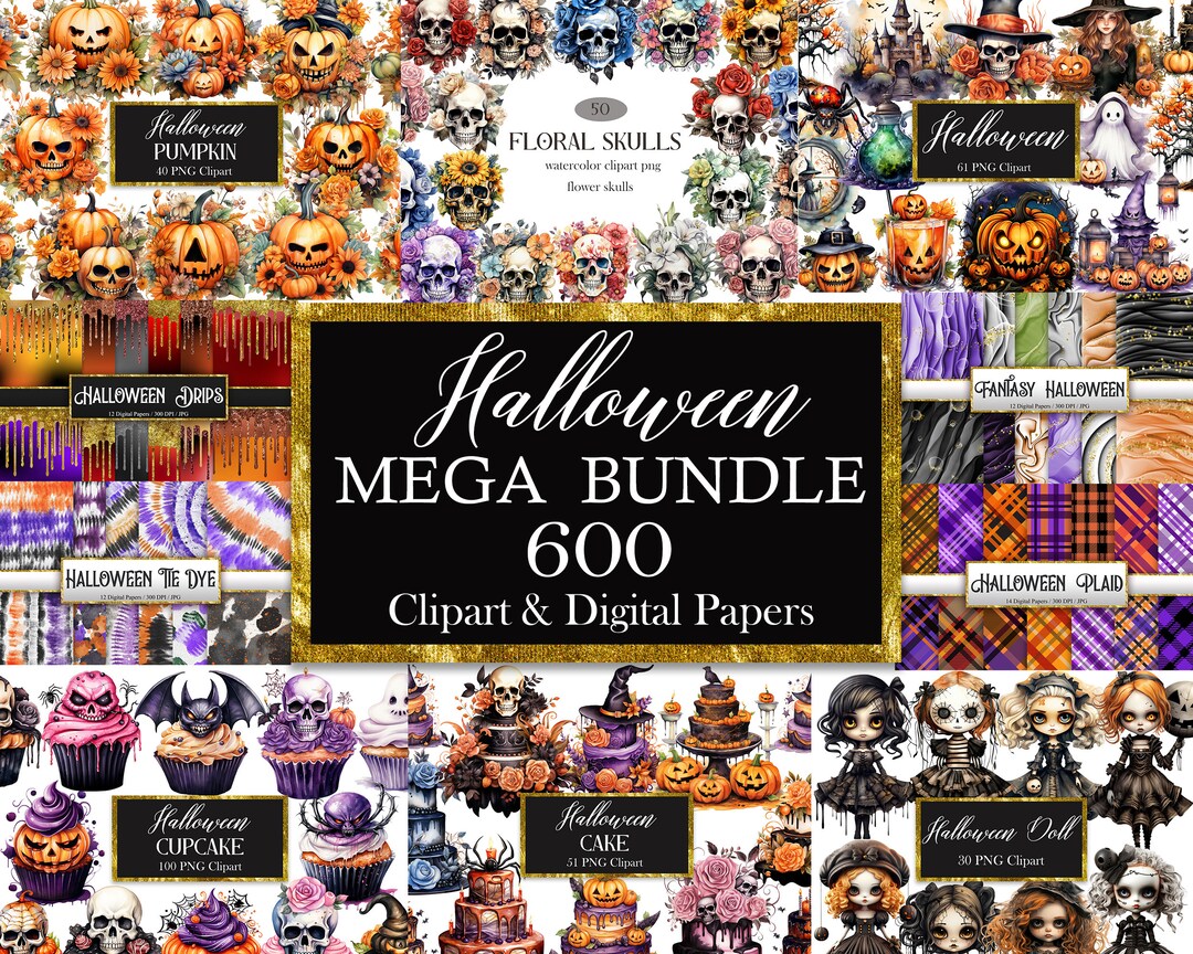 Halloween Clipart Bundle, Watercolor Halloween PNG Bundle, Halloween ...