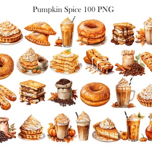 Pumpkin Spice Clipart, Watercolor Autumn Sweet Treats PNG, Fall Dessert ...