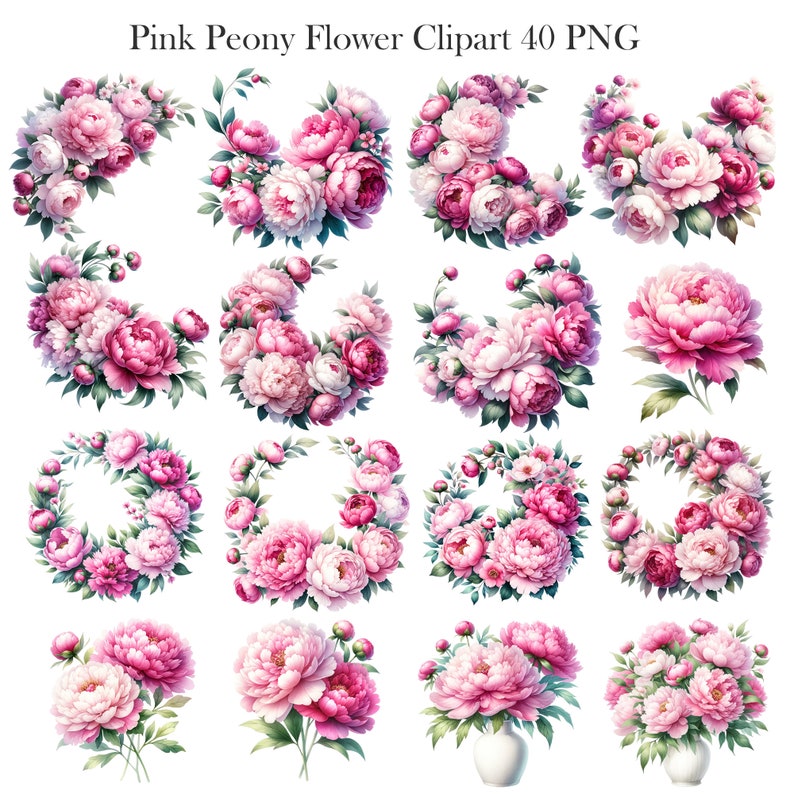 Pink Peony Flower Clipart, Peony PNG, Wedding Bouquet, Pink Floral ...