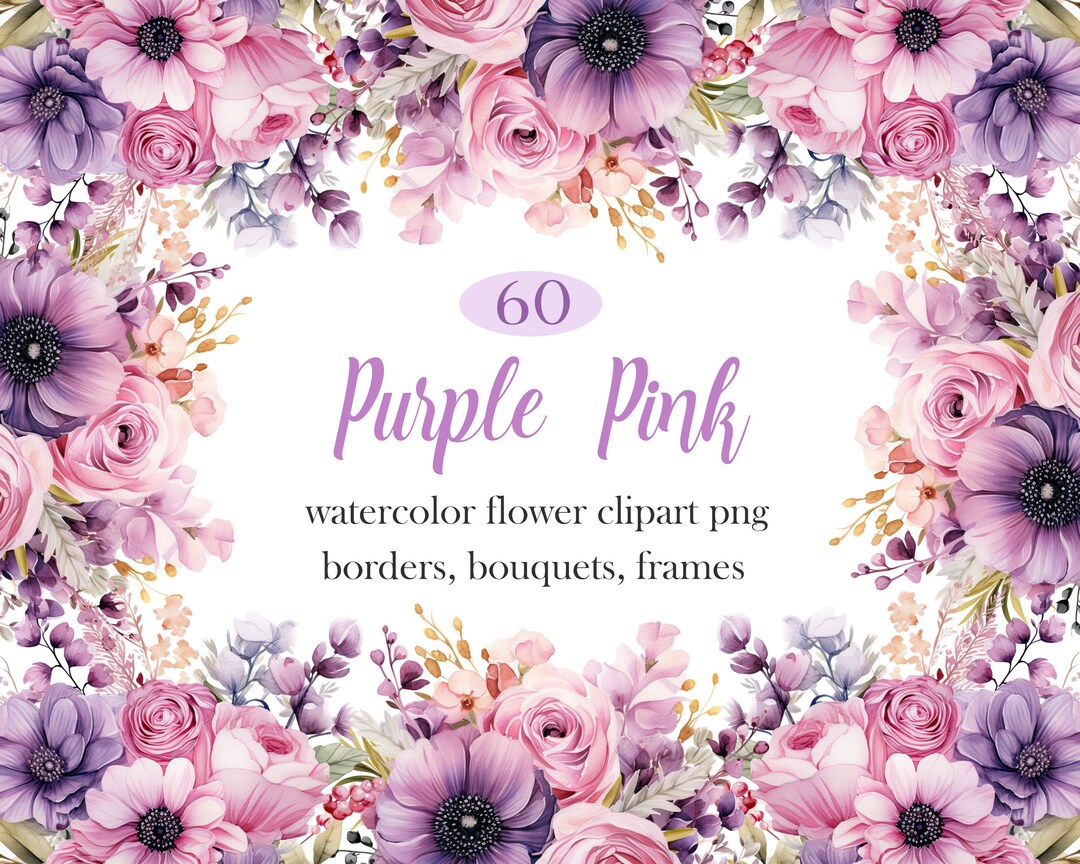 Purple Pink Flower PNG, Watercolor Purple Flower Clipart Bundle, Flower ...
