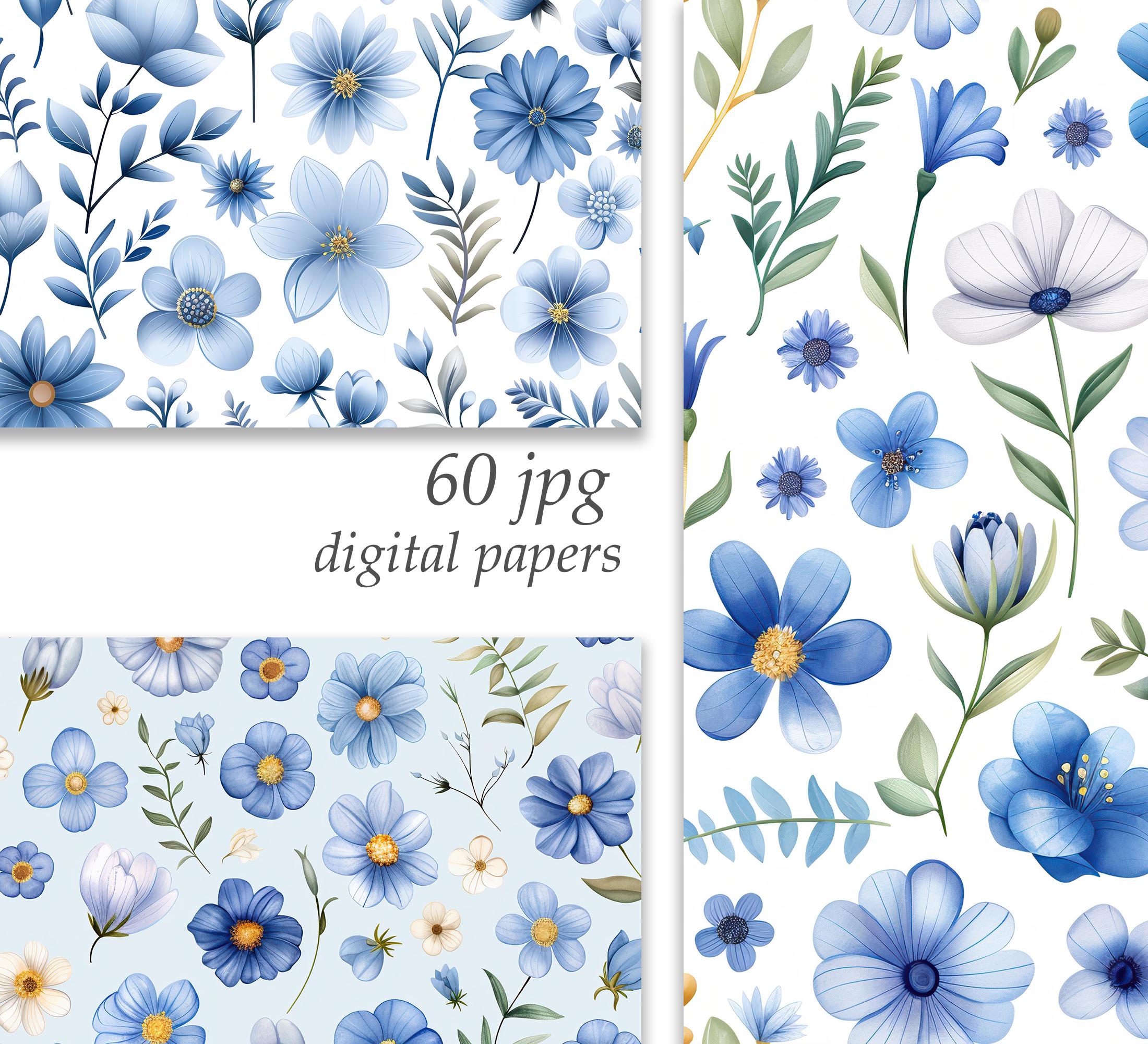 Blue Flower Digital Paper, Watercolor Blue Floral Background, Spring ...