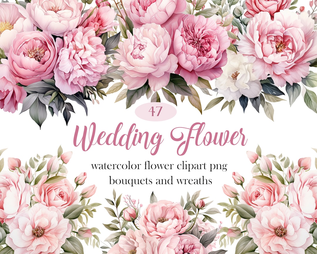 Wedding Flower PNG, Watercolor Pink Floral Clipart Bundle, Flower ...