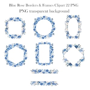 Blue Rose Border Clipart, Watercolor Flower Border PNG Bundle, Wedding ...