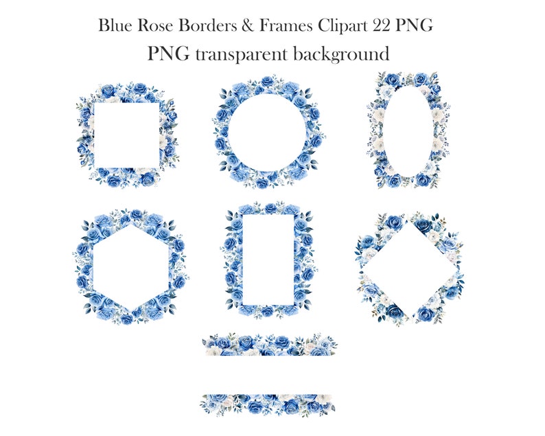 Blue Rose Border Clipart, Watercolor Flower Border PNG Bundle, Wedding ...