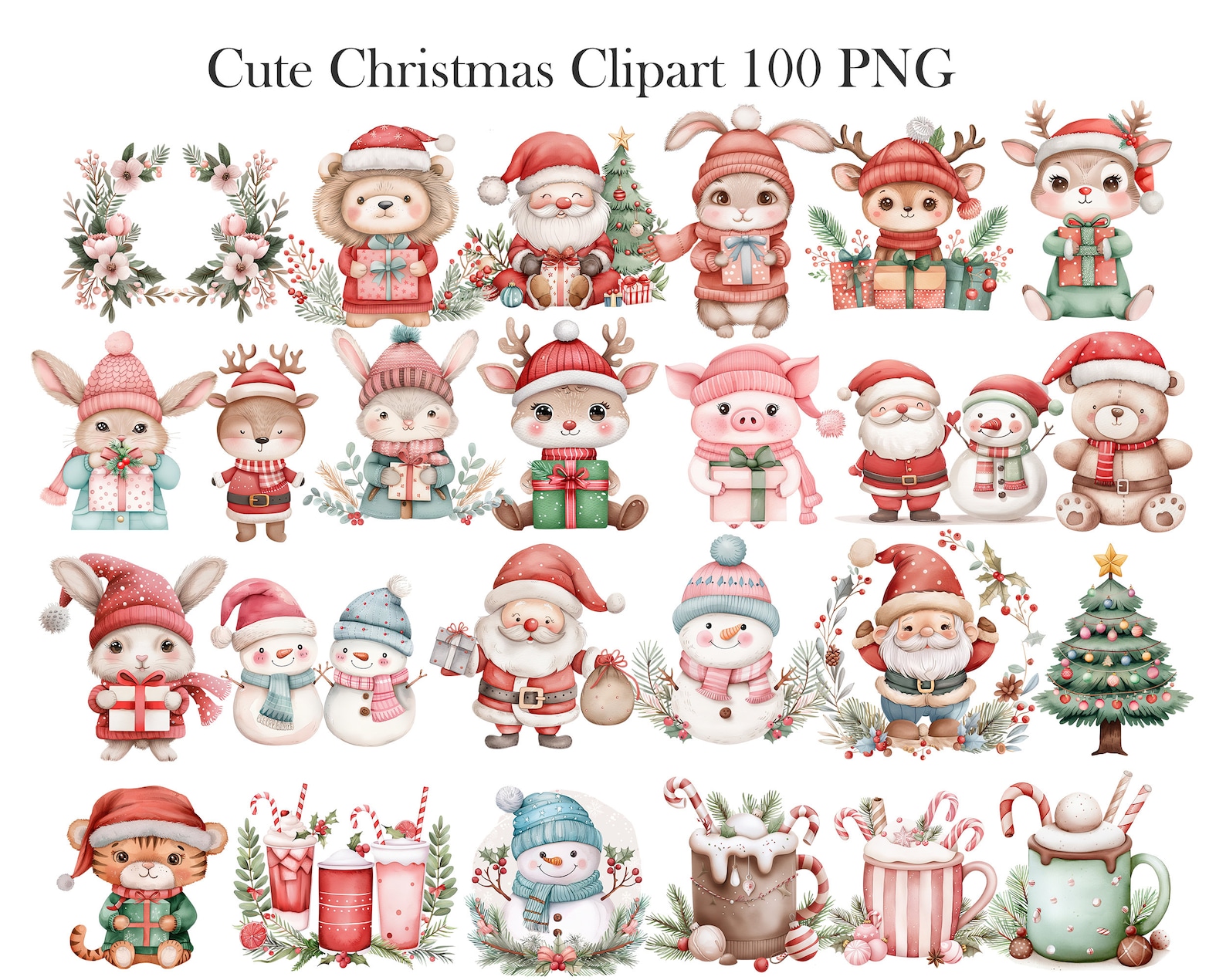 Cute Christmas Clipart Bundle, Watercolor Christmas PNG, Christmas ...