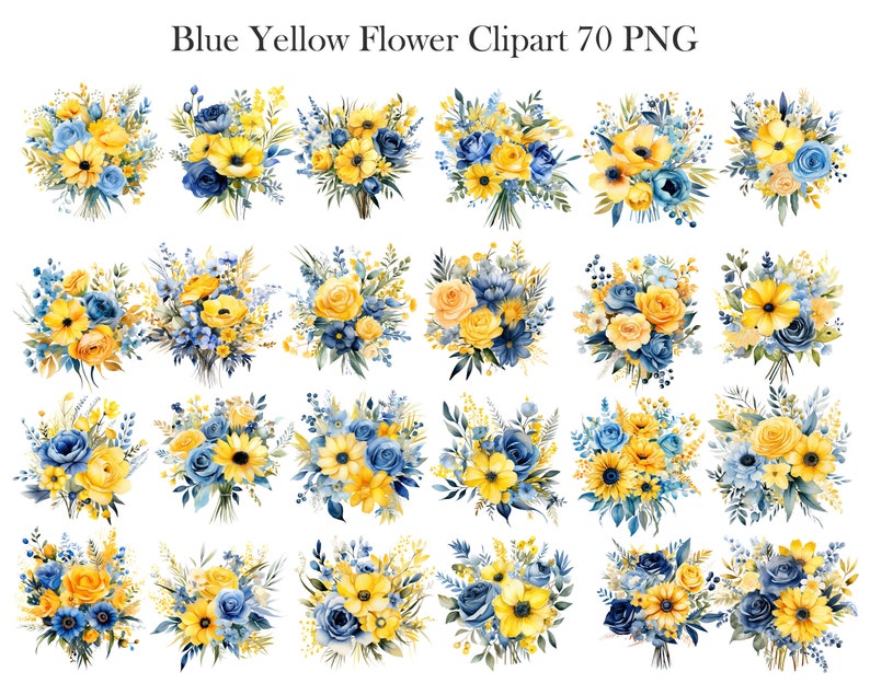 Blue Yellow Flower PNG, Watercolor Floral Clipart Bundle, Wedding ...