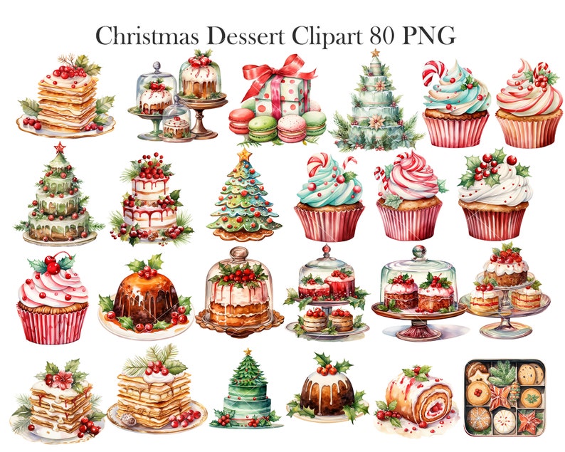 Christmas Dessert PNG Bundle, Watercolor Christmas Sweets Clipart ...
