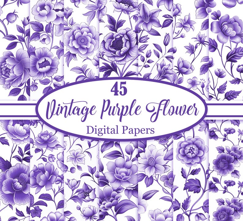 Vintage Purple Flower Digital Paper, Purple Floral Background, Spring ...