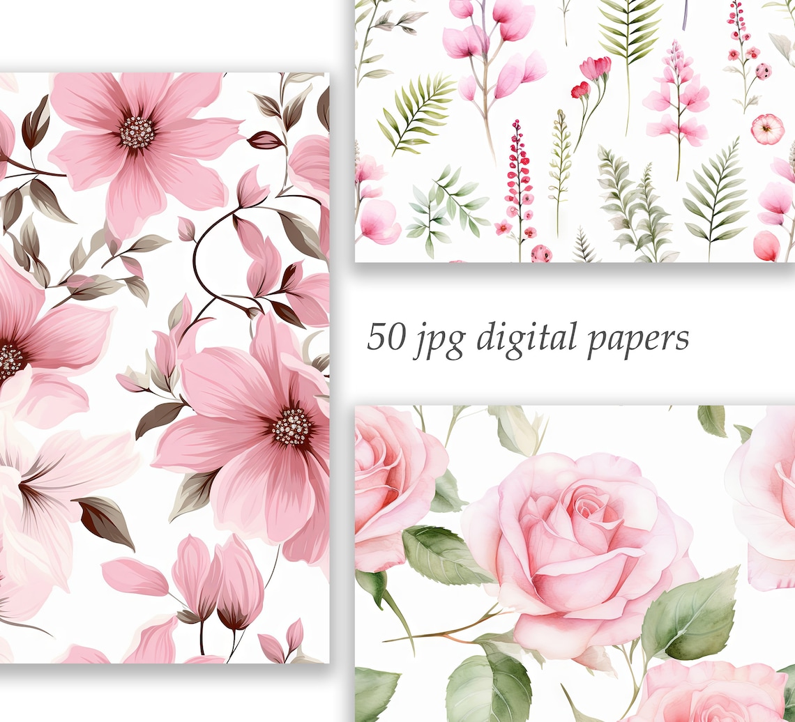 Pink Flower Digital Paper Bundle, Watercolor Flower Background ...