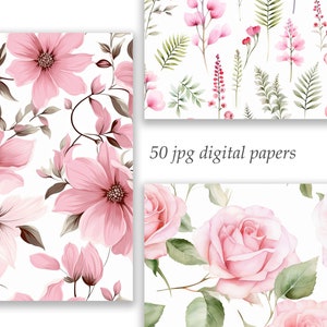 Pink Flower Digital Paper Bundle, Watercolor Flower Background ...
