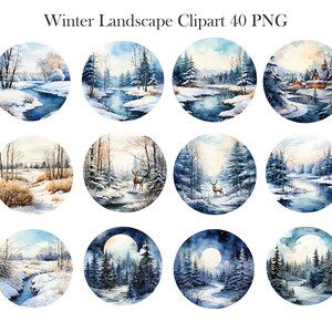 Winter Landscape Clipart, Watercolor Winter Scenery Circle Clipart ...