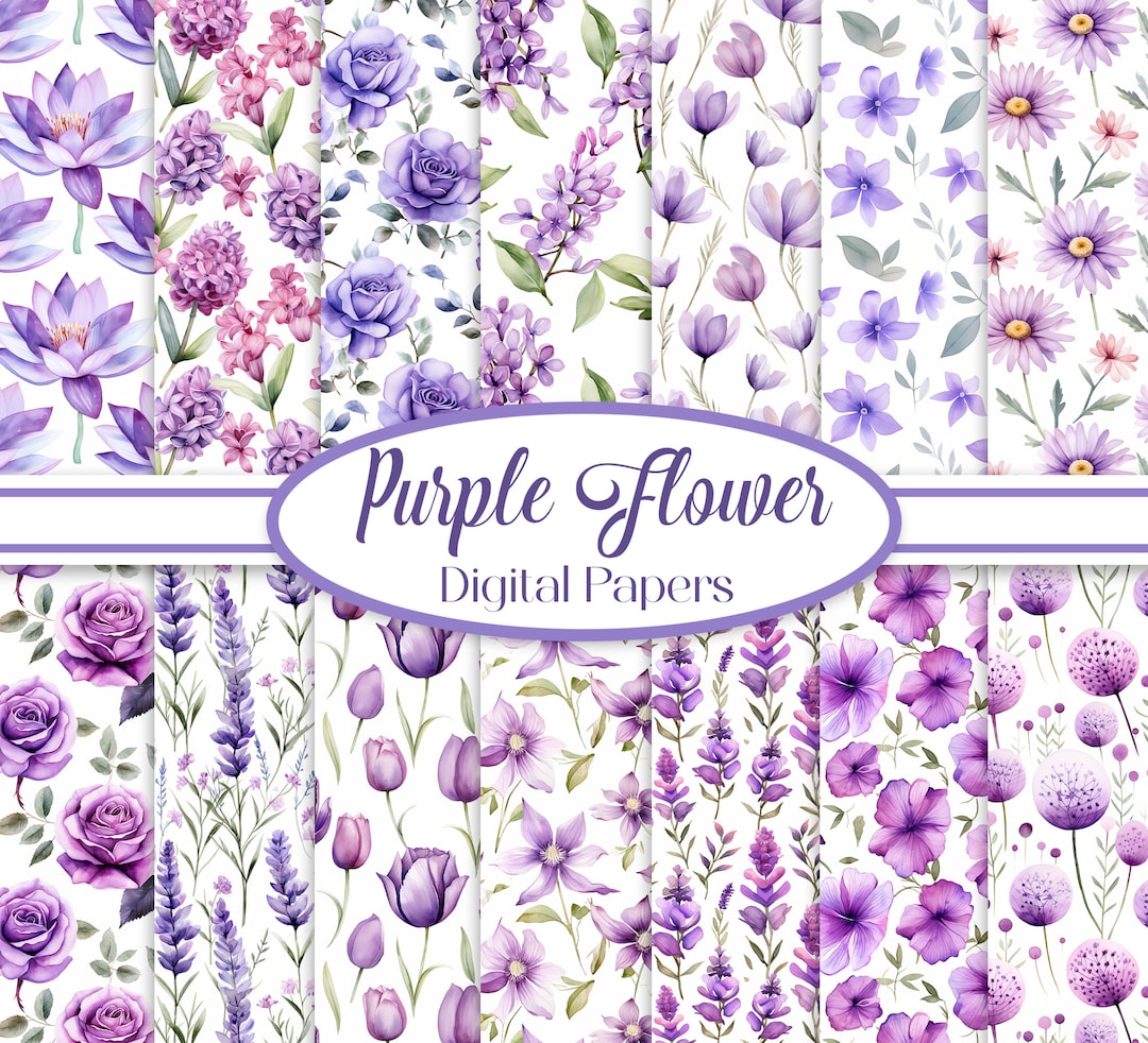 Purple Flower Digital Paper Pack, Watercolor Flower Background Bundle ...