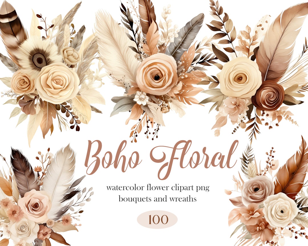 Boho Flower Clipart, Watercolor Floral Clipart Bundle, Boho Floral PNG ...